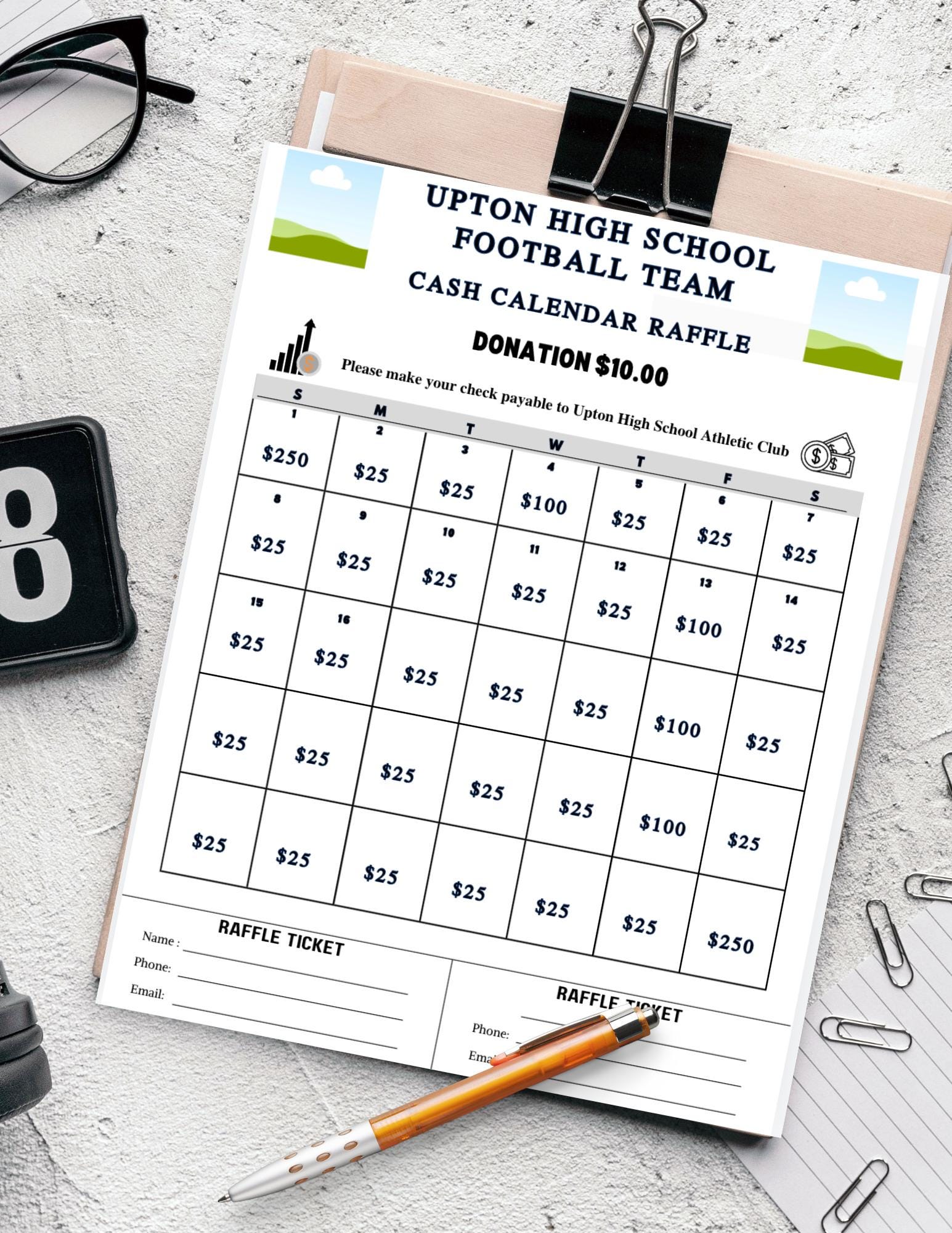 Printable Cash Calendar Raffle and Tickets,sports Team Cash Calendar ...