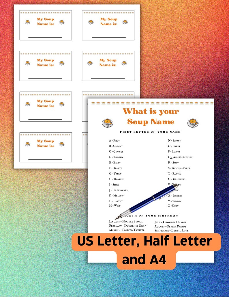 Soup Name Game,soup Name Game Printable, Fun Soup-themed Party Activity ...