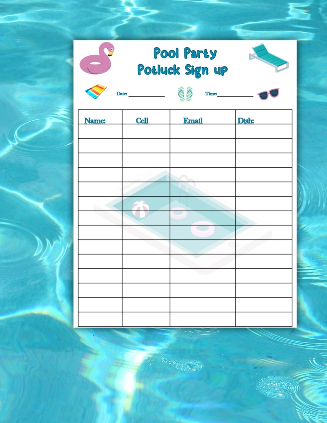 Printable Potluck Sign up Sheet for Pool Party, Pool Potluck Sign up ...