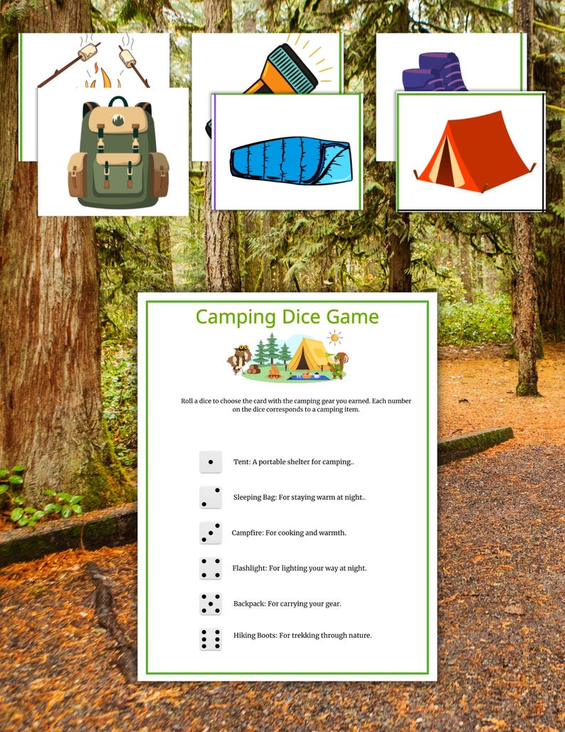 Camping Dice Game, Camping Gear Dice Game, Camping Themed Game ...