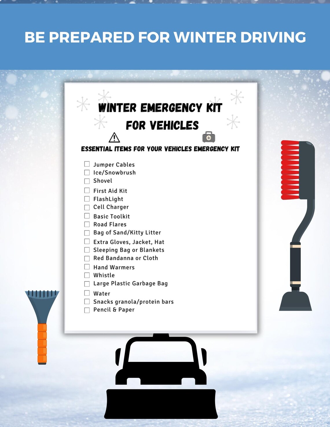 Winter Vehicle Emergency Kit Checklist, New Driver Checklist, Work ...