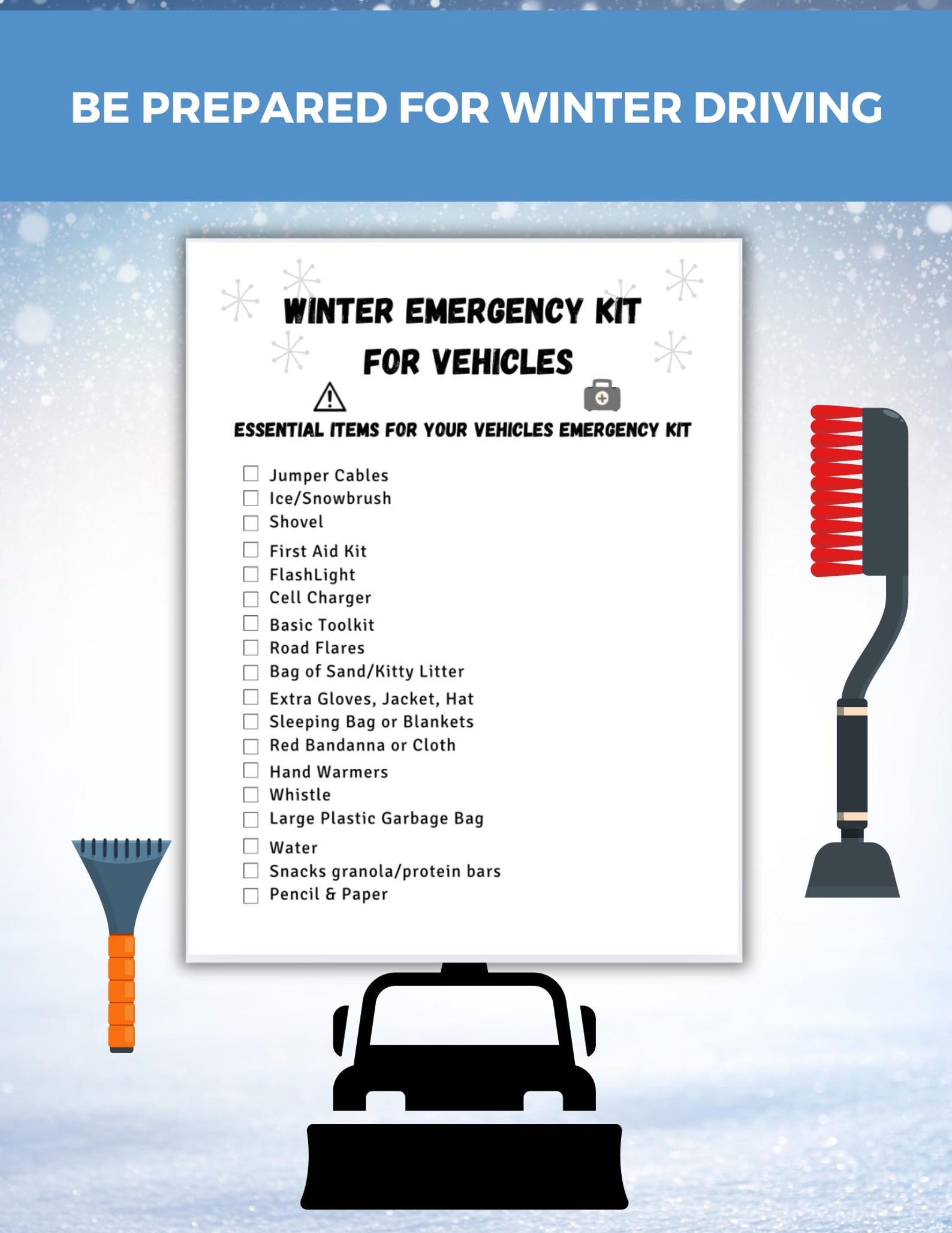 Winter Vehicle Emergency Kit Checklist, New Driver Checklist, Work ...