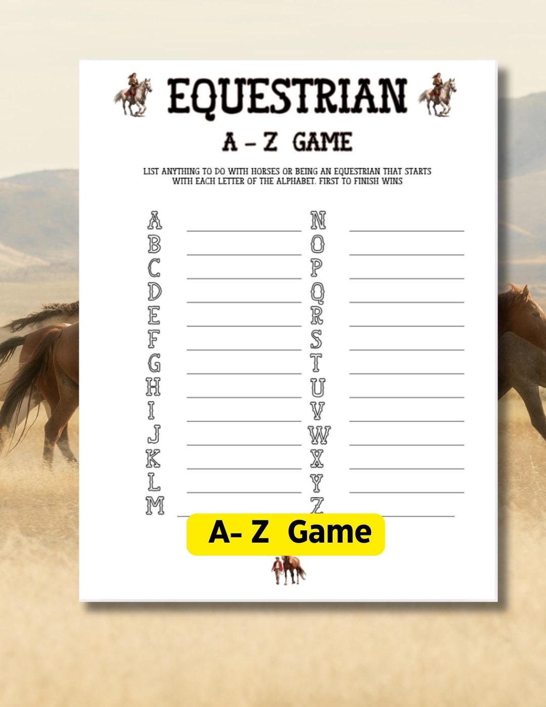 Equestrian A-Z Game,equestrian A-Z Party Game,equine Themed Fun ...