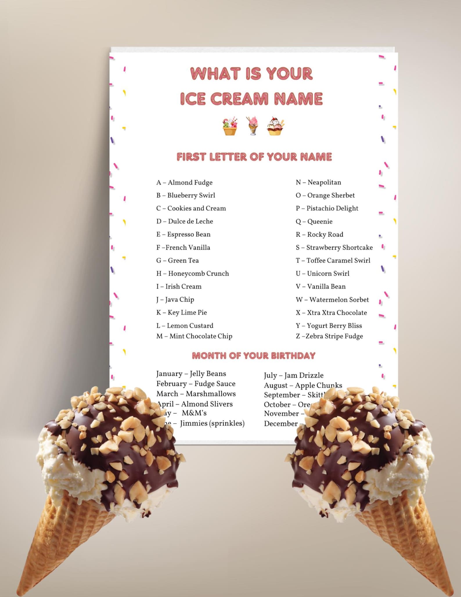 Ice Cream Name Game: Printable Birthday Party Activity, Ice Cream ...