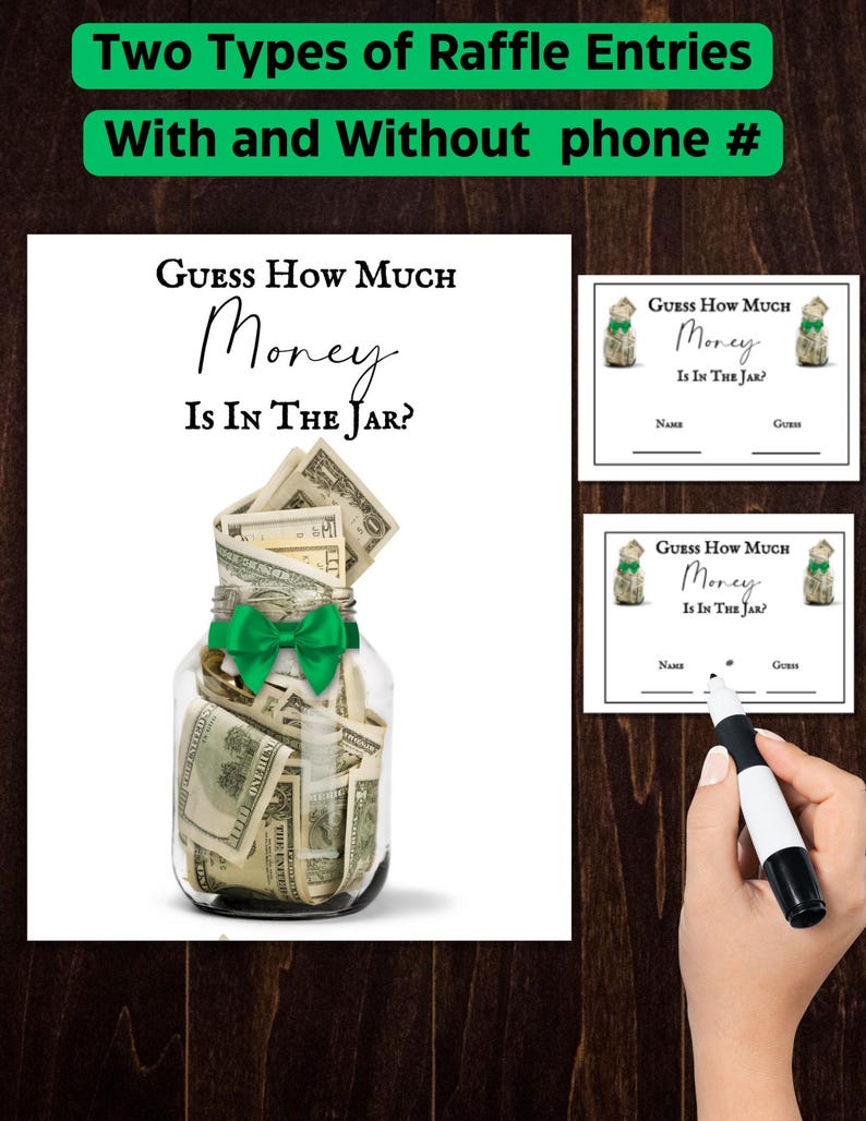Guess How Much Money Game,cash Jar Raffle Sign, Money Guessing Game ...