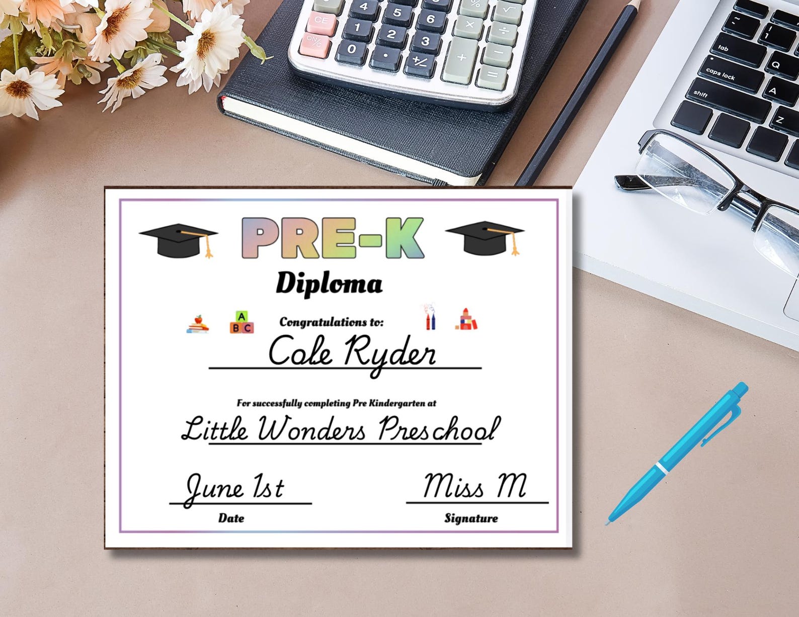 Fillable Pre-k Diploma Template: Minimalist Certificate Award (PDF File ...