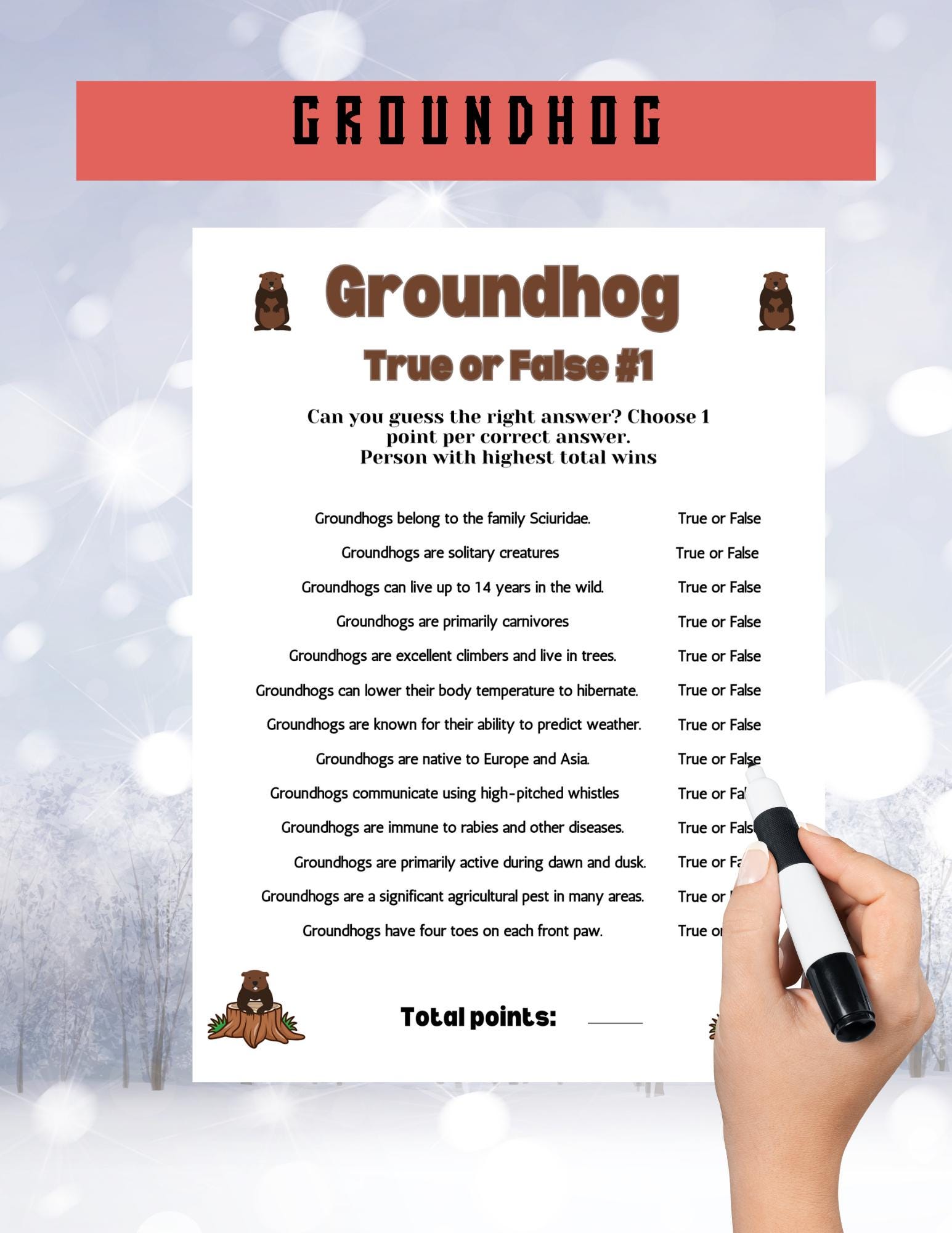 Groundhog Day Trivia Game: Kids & Adult True or False (printable PDF ...