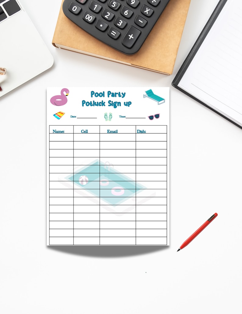 Printable Potluck Sign up Sheet for Pool Party, Pool Potluck Sign up ...