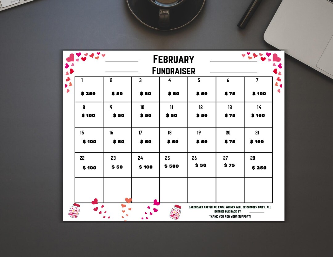 Printable February Cash Calendar Raffle: Fundraiser Template (PDF) - Etsy