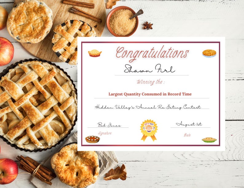Pie Eating Contest Award Certificates Kit: Printable Party Game (PDF ...