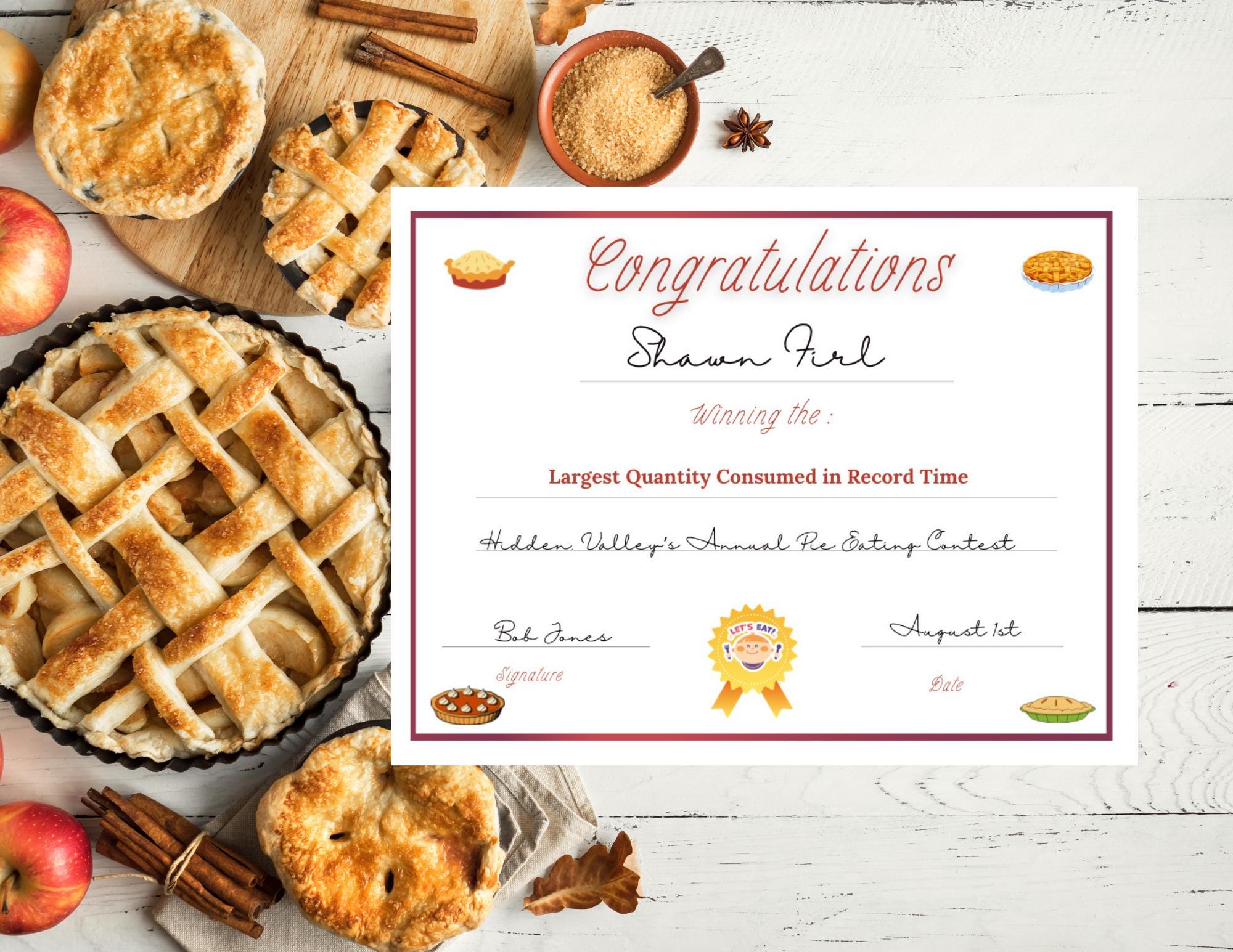 Pie Eating Contest Award Certificates Kit: Printable Party Game (PDF ...