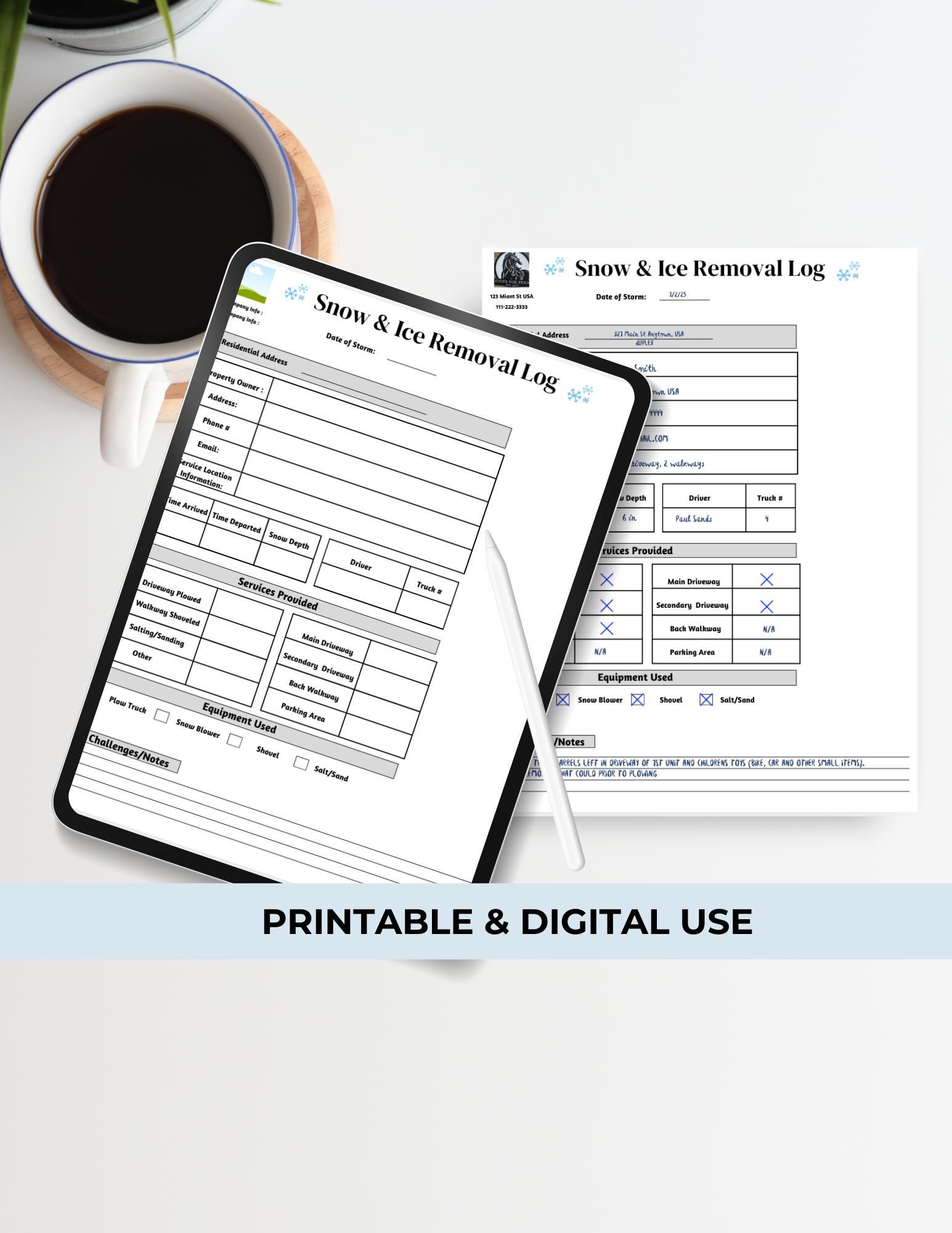 Printable Snow Removal Log,residential Ice Removal Tracker, Winter ...