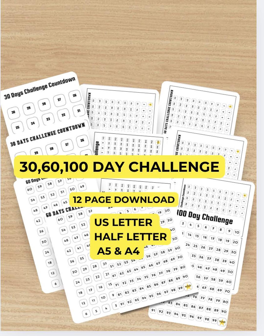 Challenge Countdown Tracker: 30, 60, 100 Day Calendar (PDF) - Etsy