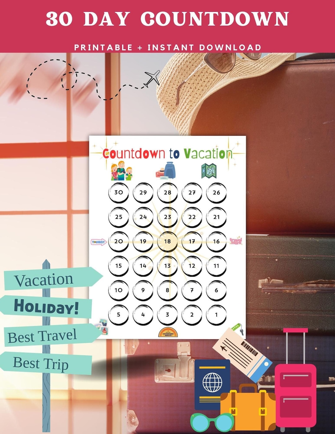 Countdown Calendar to Vacation, 30 Day Countdown Planner, Advent ...