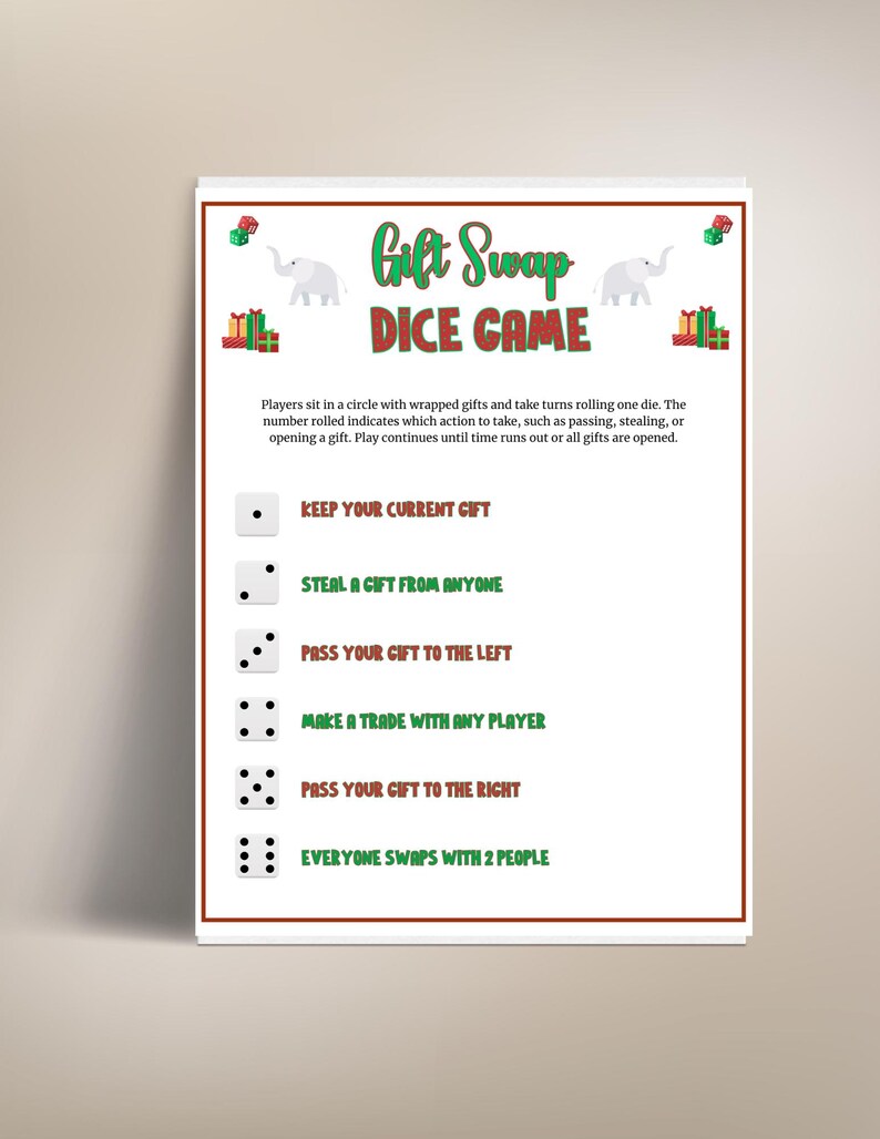 Gift Swap Dice Game,printable Party Game, Instant Download for Holiday ...