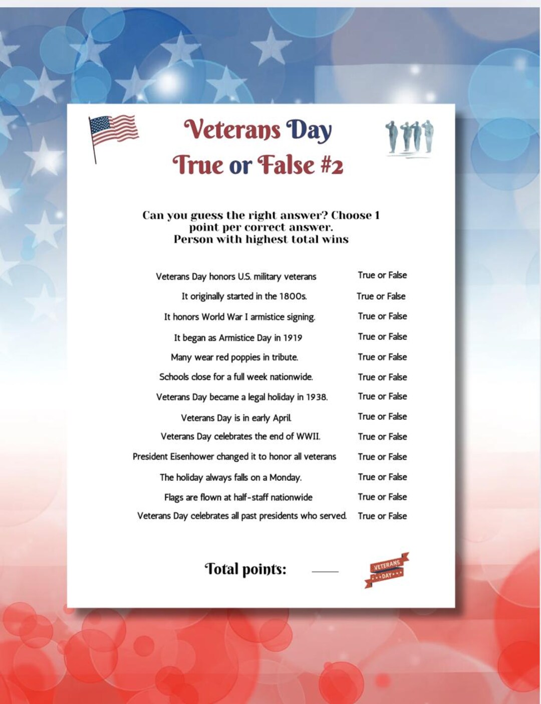 Veterans Day Trivia Game, Veterans Day Quiz, Family & Classroom ...