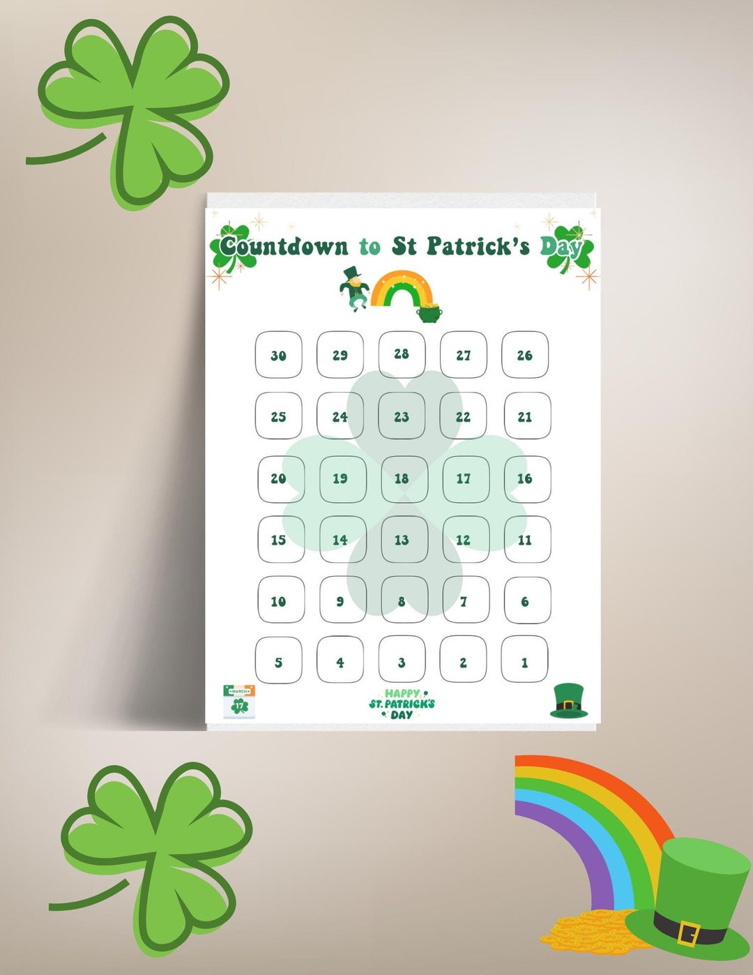 St Patrick's Day Countdown Calendar Activity, St Paddy's Day Countdown ...