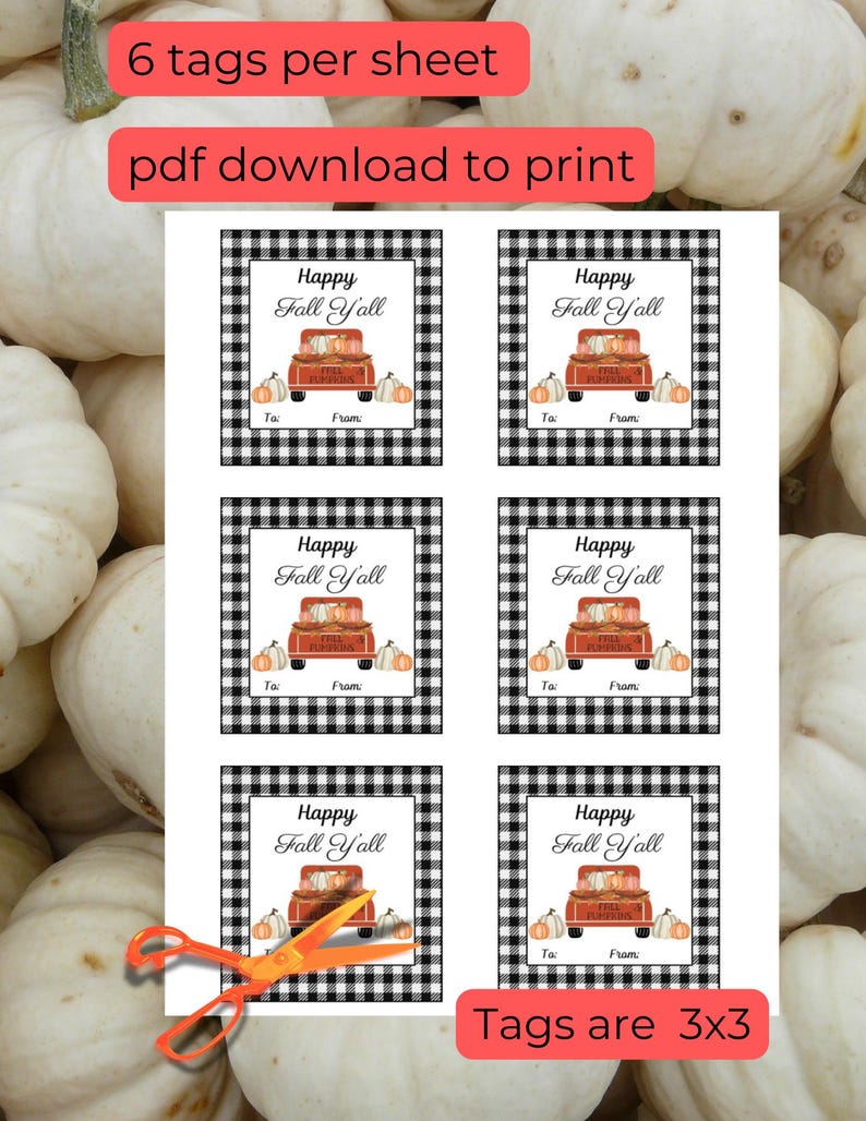 Happy Fall Y'all Gift Tags: Pumpkin Truck Plaid (PDF Printable) Fall ...