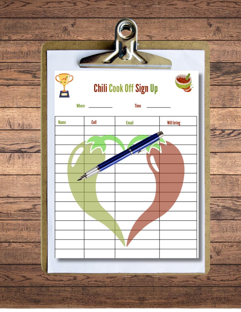 Chili Cook off Sign up Sheet, Chili Cook off Participants List, Chili ...