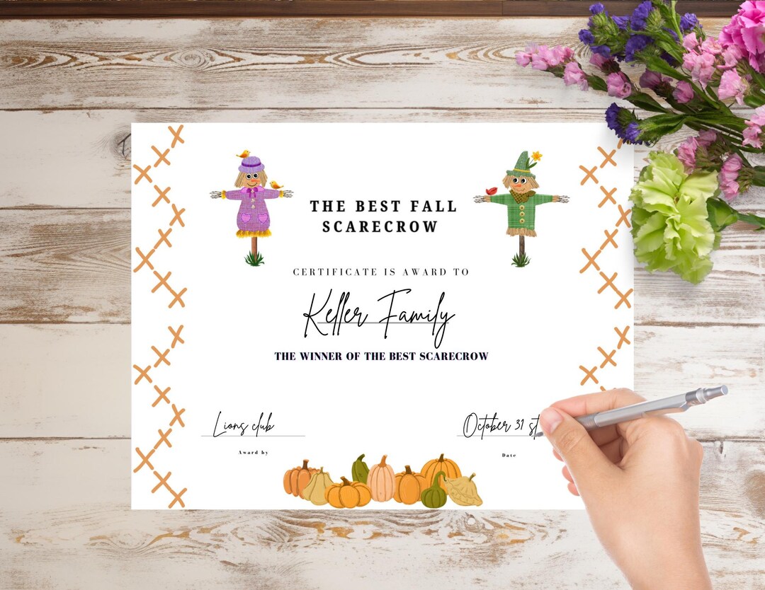 Printable Best Scarecrow Awards Certificate for Fall Fundraiser or ...