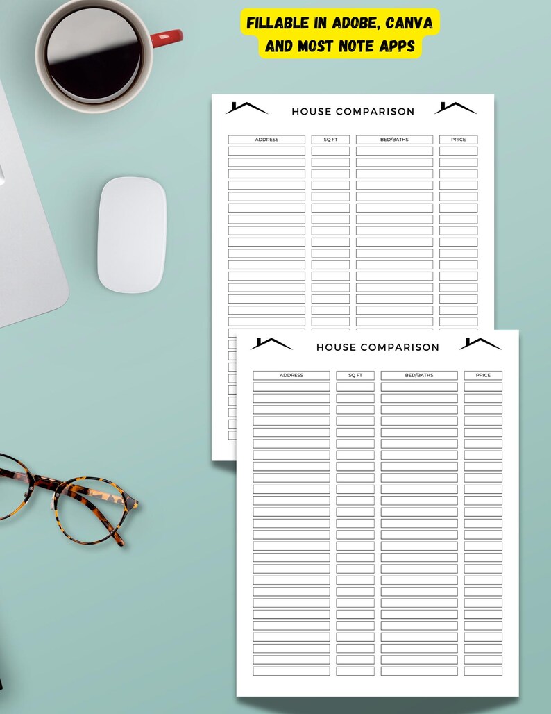 Printable House Comparison Checklist,house Comparison Tracker,fillable ...