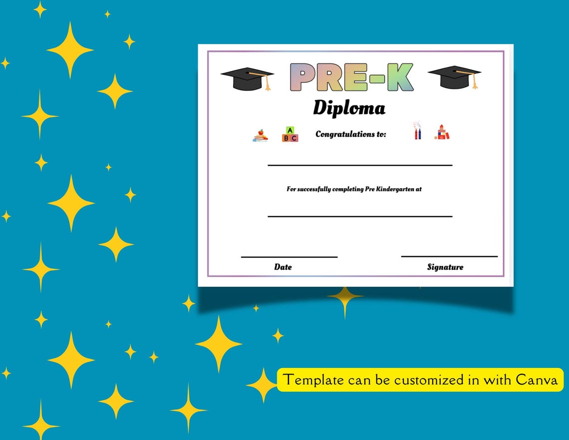 Fillable Pre-k Diploma Template: Minimalist Certificate Award (PDF File ...