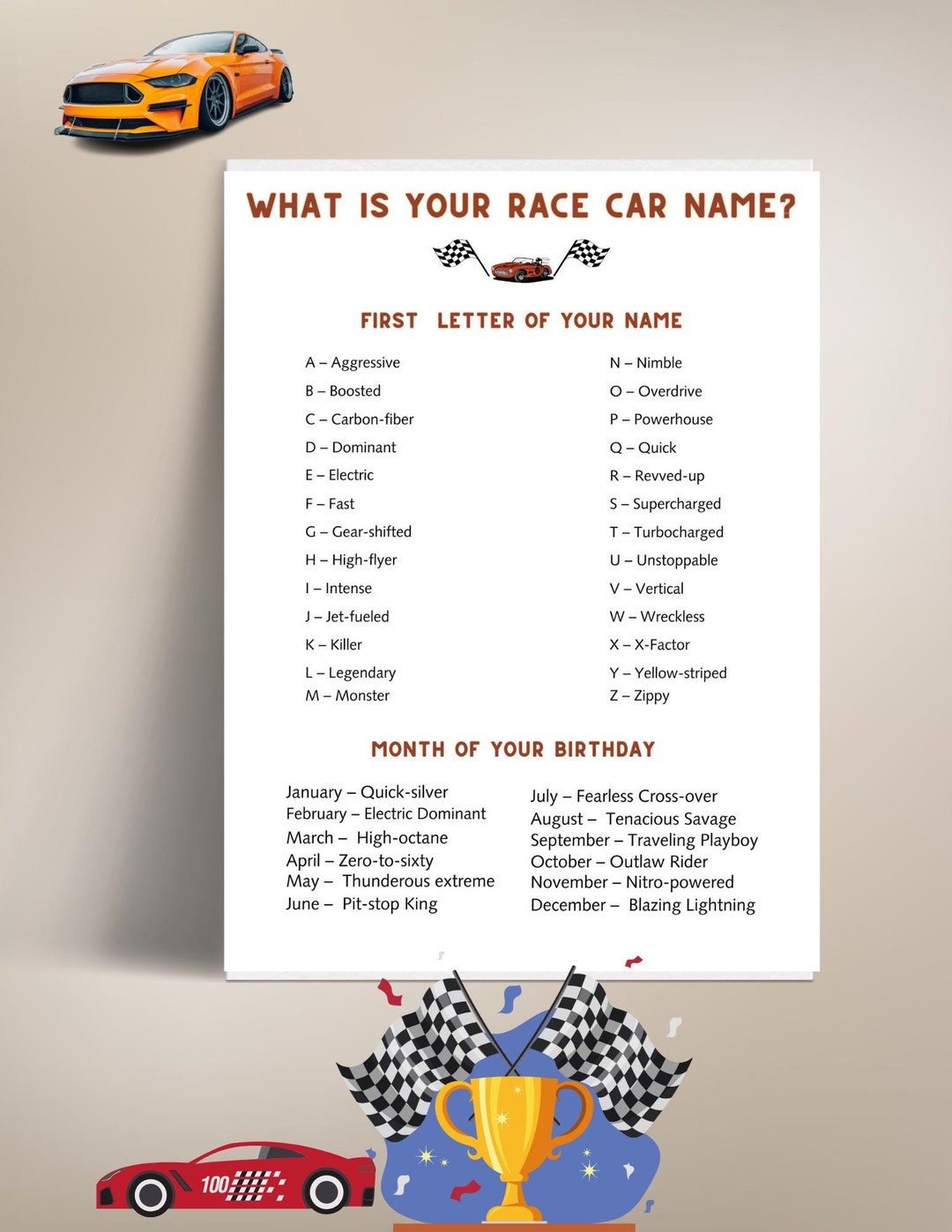 What's Your Race Car Name,name Game Generator, Race Car Name Game, Name ...