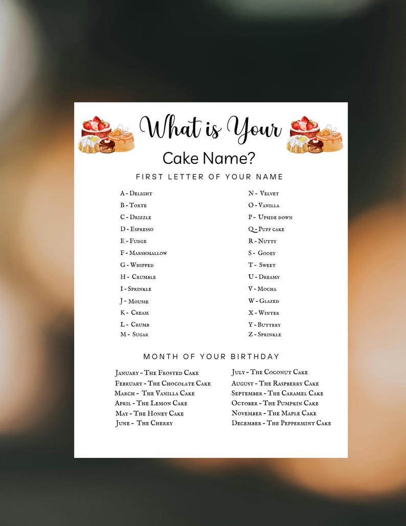 What is Your Cake Name Game,printable Cake Party Game,dessert Themed ...