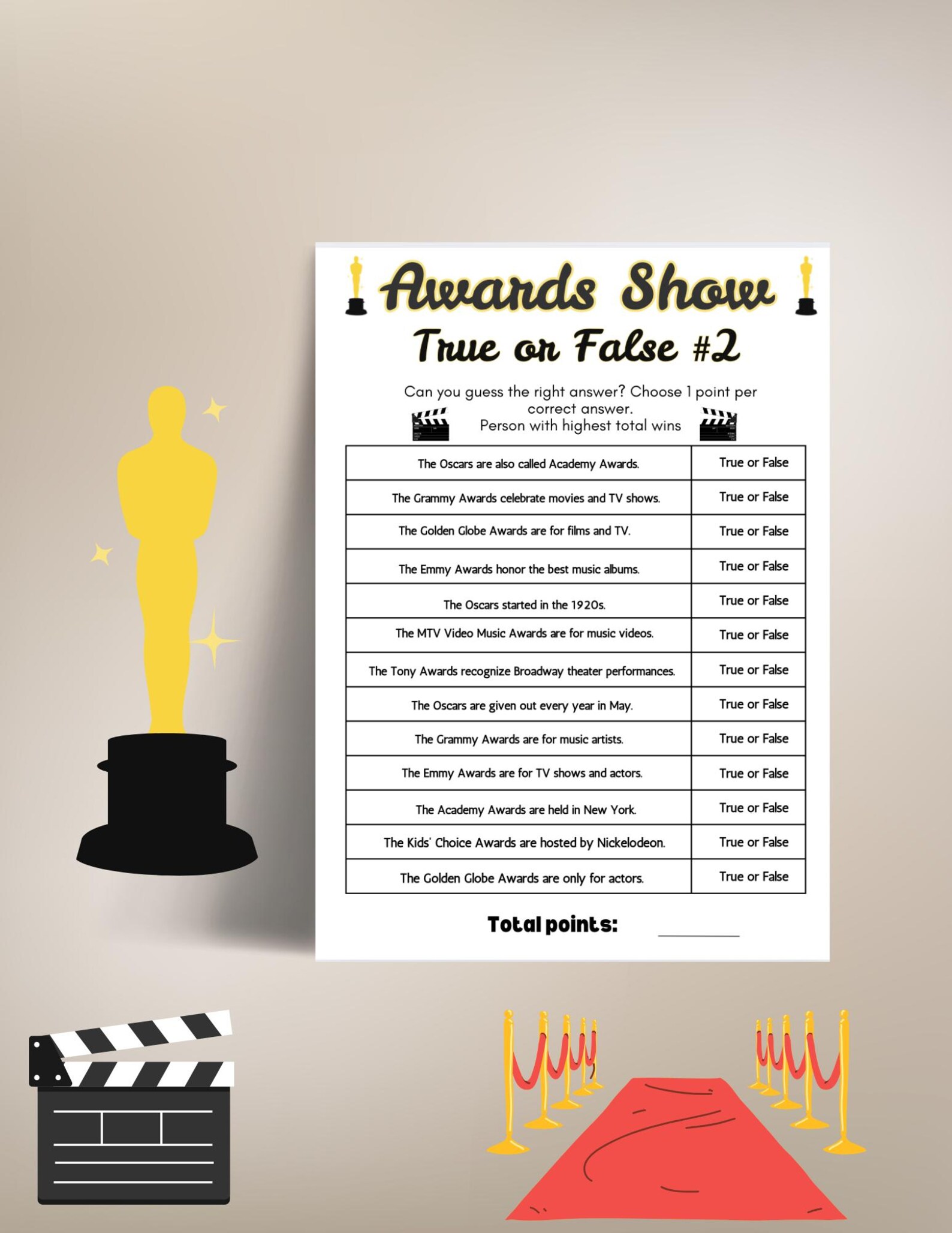 Awards Show True or False Trivia Game, Awards Trivia Game, Kids and ...