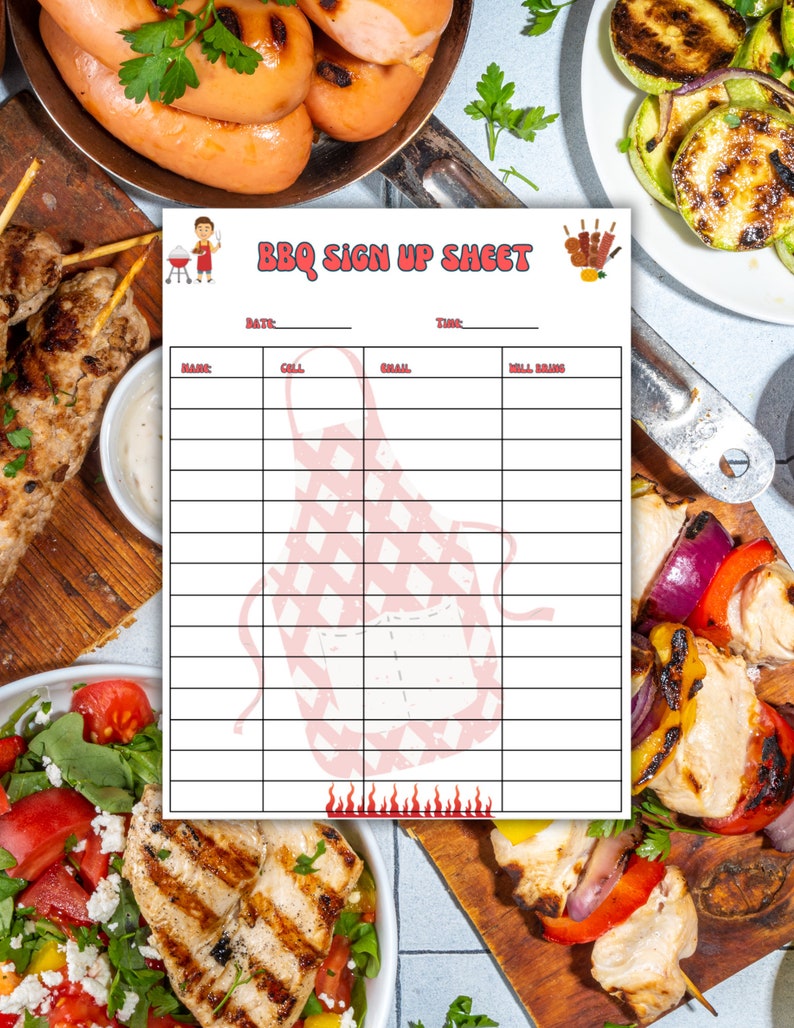 Printable Potluck Sign up for BBQ Picnic Party,bbq Party Food Sign up ...