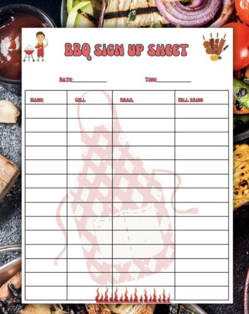 Printable BBQ Potluck Sign up Sheet, Backyard BBQ Party Planner,bring a ...