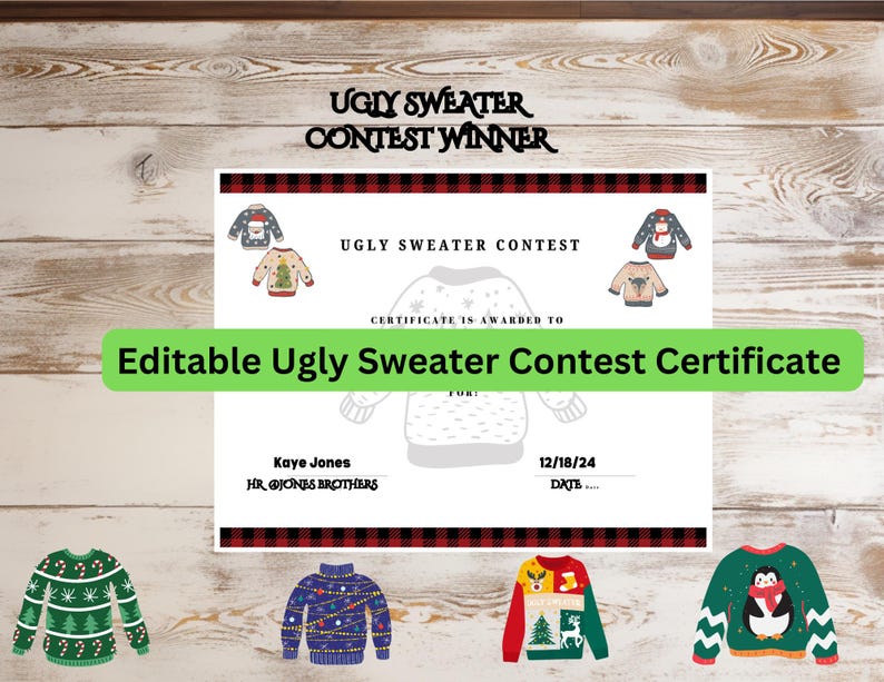 Editable Ugly Sweater Contest Certificate,ugly Christmas Sweater Award ...