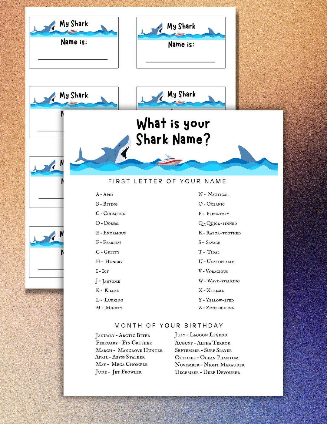 Shark Name Game Printable – Fun Shark Party Icebreaker, Ocean Birthday ...