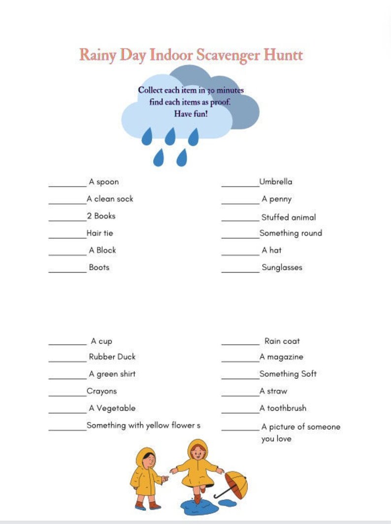 Printable Scavenger Hunt Game for Rainy Day - Etsy