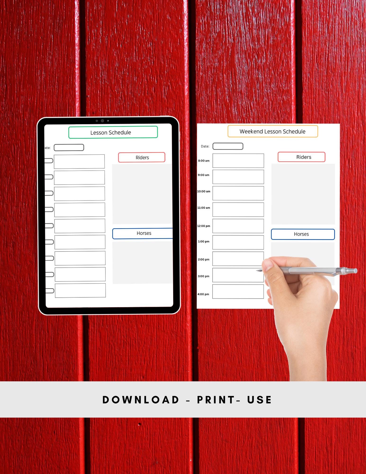 Horse Lesson Schedule Template: Week & Weekend Planner, Lesson Barn ...
