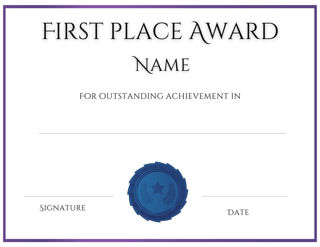 First Place Award Certificate - Etsy