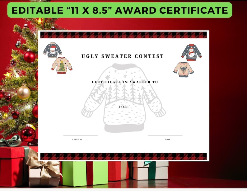 Editable Ugly Sweater Contest Certificate,ugly Christmas Sweater Award ...