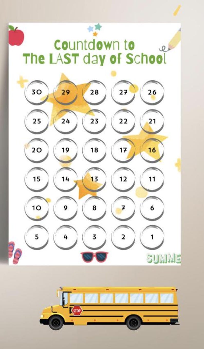 Last Day of School Countdown Calendar Printable Summer Vacation ...
