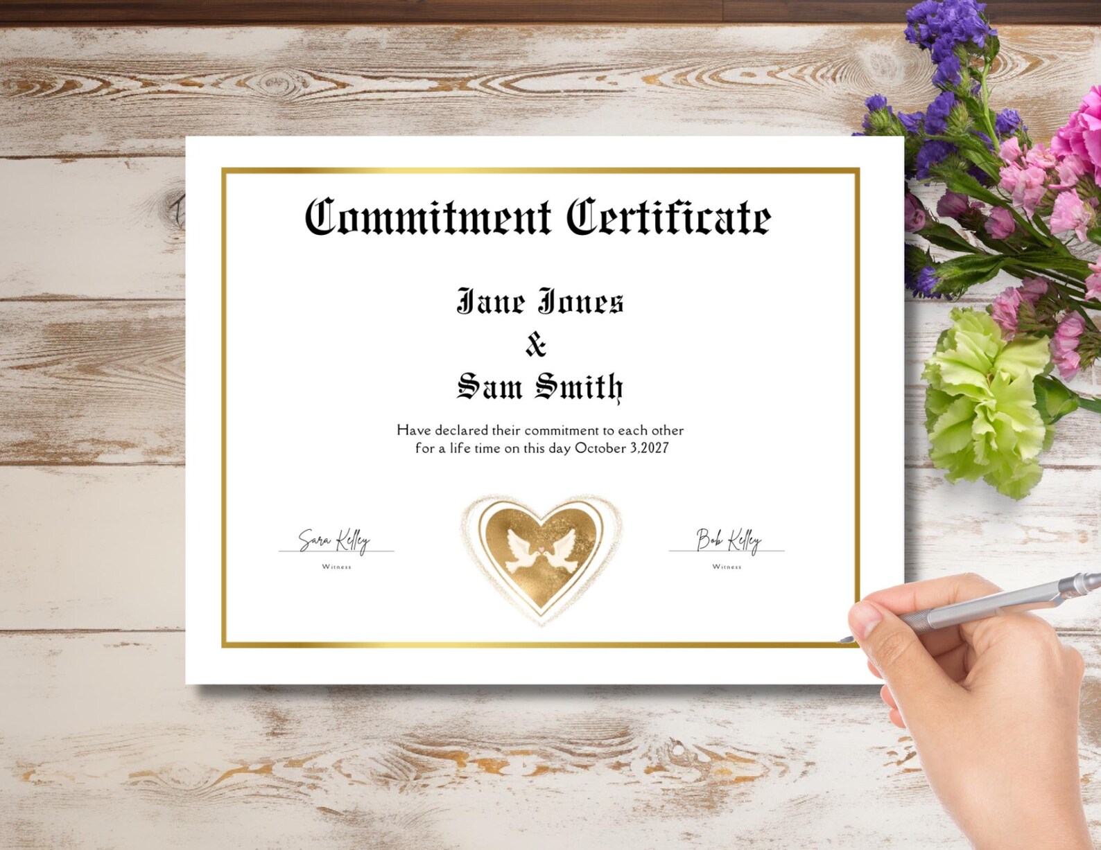 Commitment Vow Certificate - Gold Heart & Dove Design,editable and Custom, Vow Renewal ...
