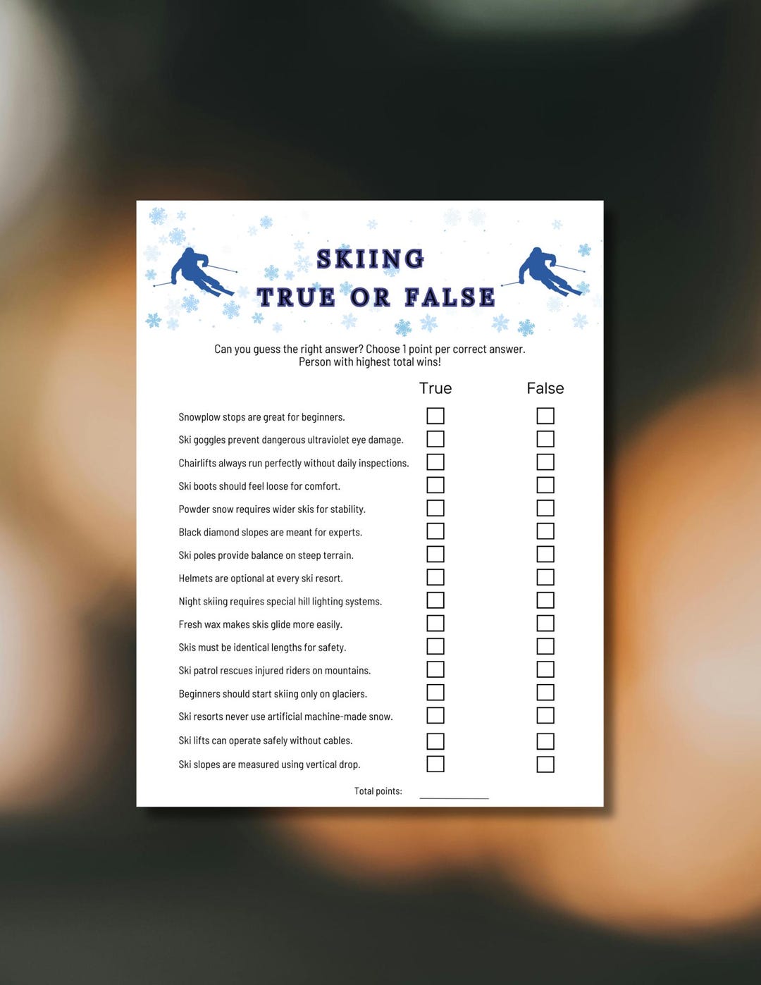 Skiing True or False Game, Winter Sports Party Quiz, Ski Party Activity ...