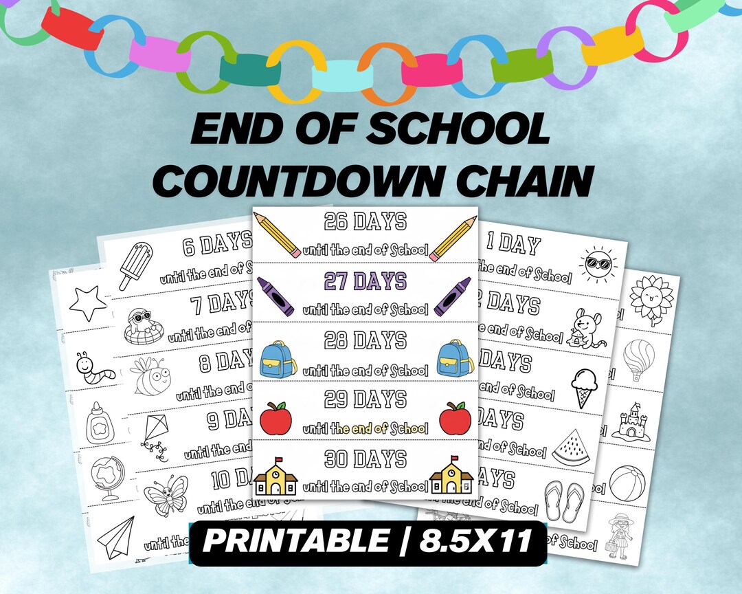 End of School Coloring Countdown Chain, First Day of Summer Activity ...