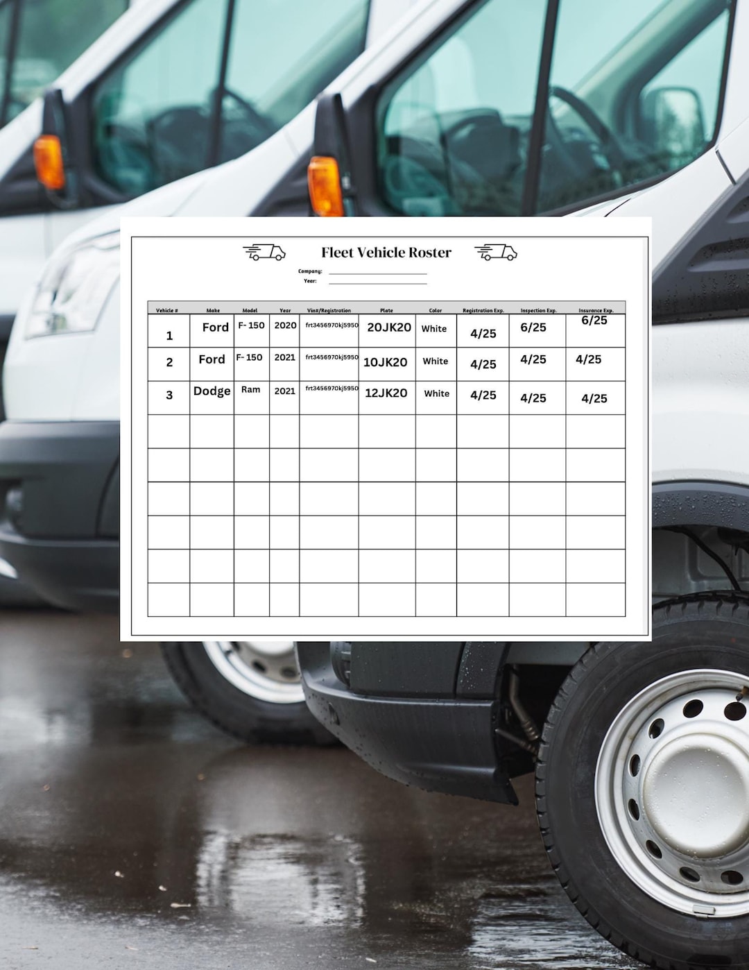 Printable Fleet Vehicle Roster, Company Truck Tracker, Fleet Management ...