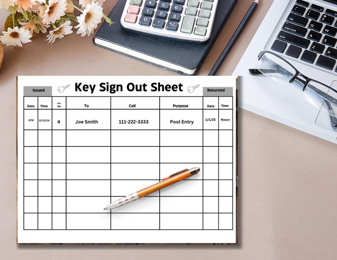 Printable Key Sign Out Sheet,key Log Template,key Sign Out Sheet ...