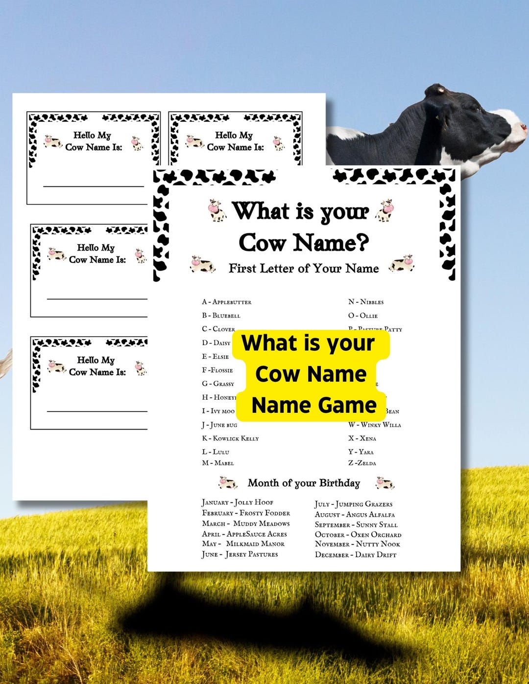 Cow Name Game: Birthday Party Activity, Baby Shower Fun, Fram Themed ...
