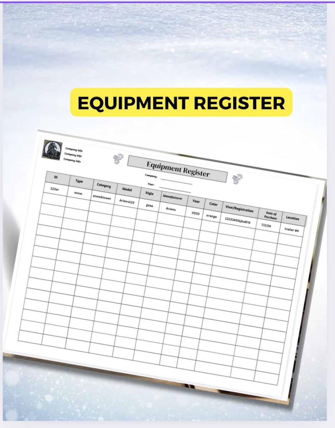 Printable Equipment Register,small Business Equipment Log, Heavy ...