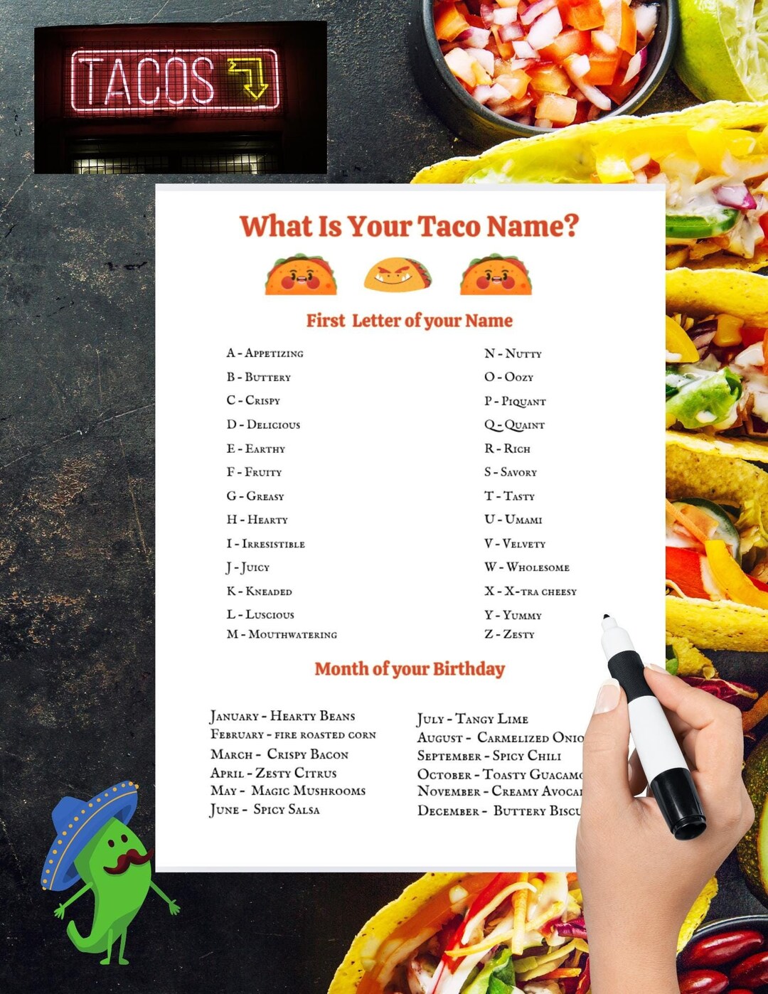 What is Your Taco Name, Taco Tuesday Name Game Printable,taco Party ...