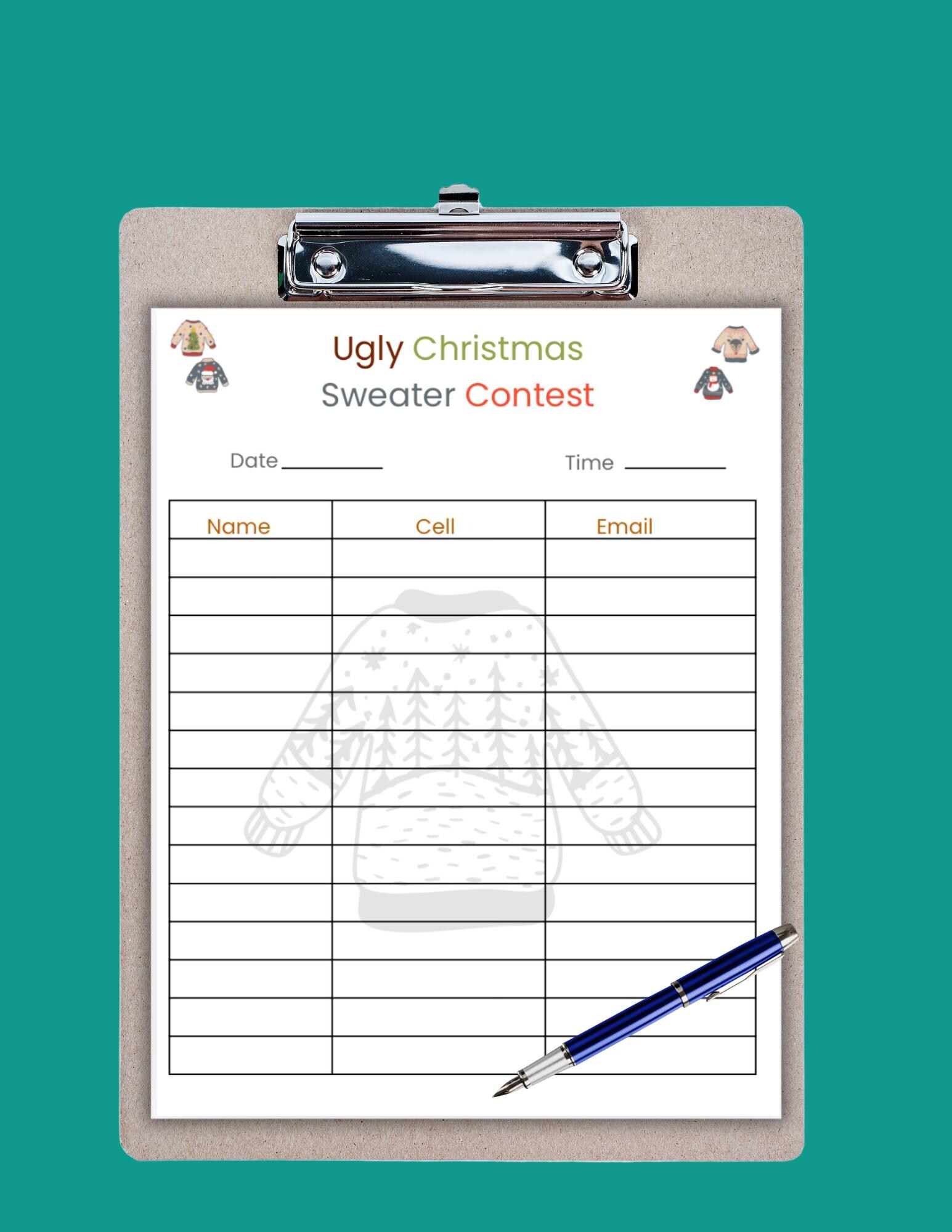Printable Sign up Sheet for an Ugly Sweater Contest Contestant Sign up ...