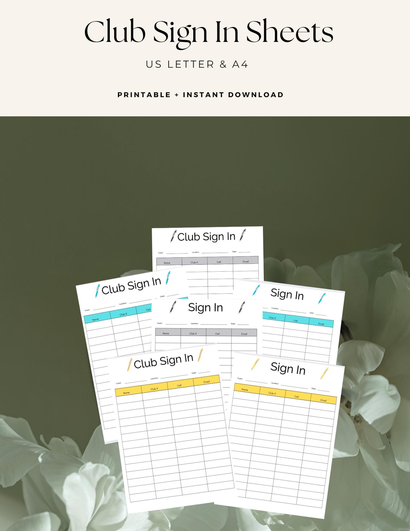 Club Sign-in Sheet: Printable Attendance Roster, Club Sign up Sheet ...
