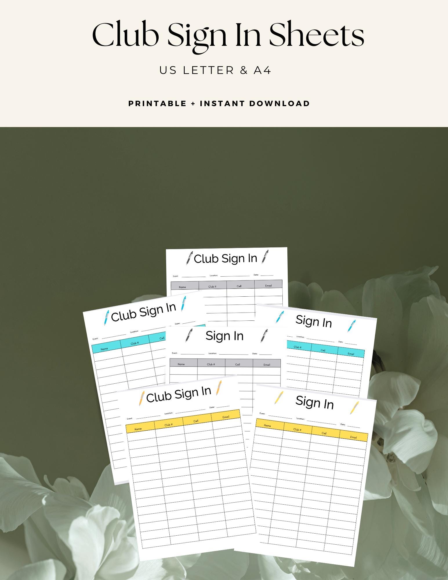 Club Sign-in Sheet: Printable Attendance Roster, Club Sign up Sheet ...