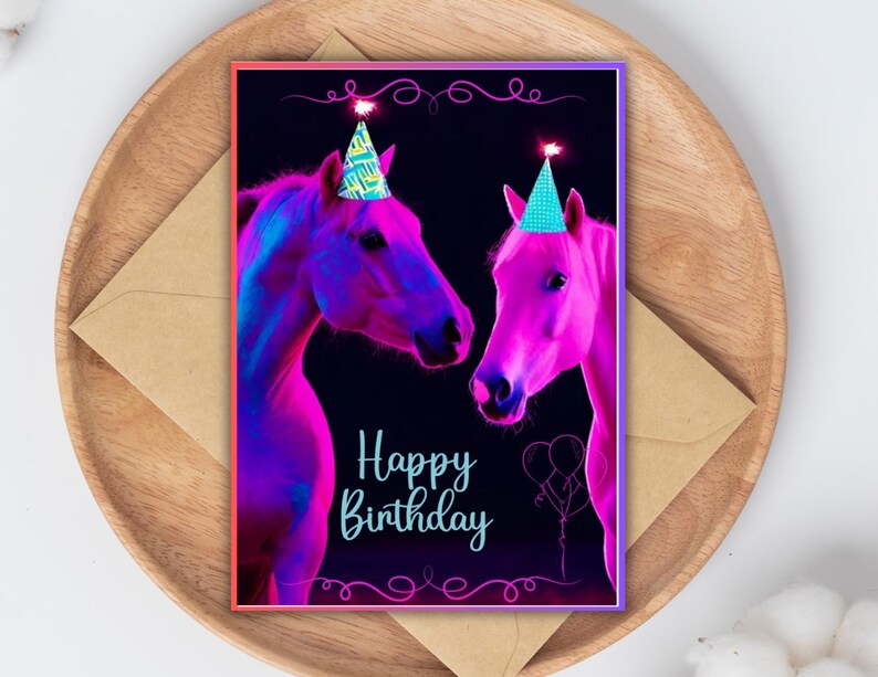 Funny Horse Birthday Card: Neon Equestrian Design (PDF Printable ...